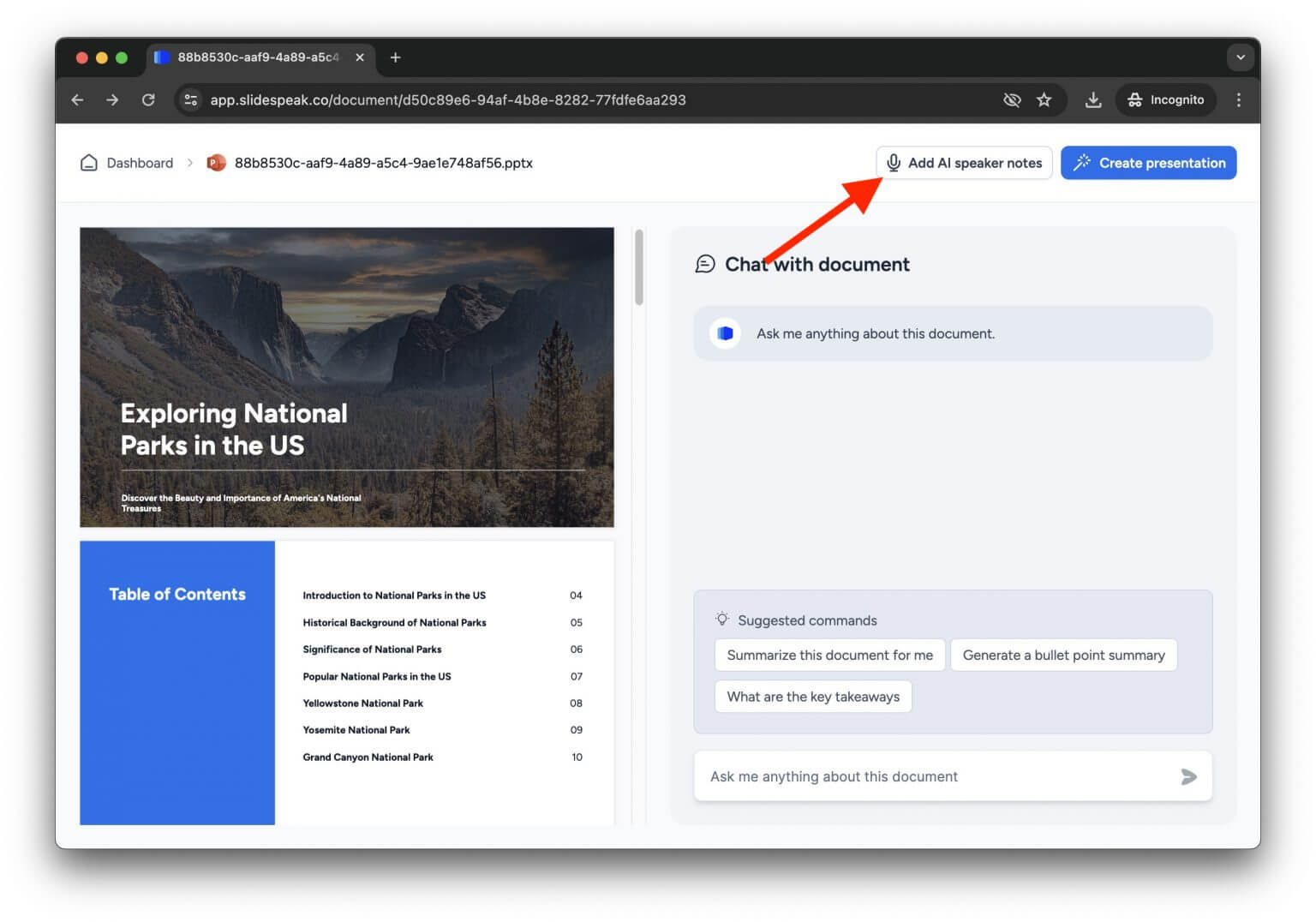 Add Speaker Notes with AI to Presentations - SlideSpeak