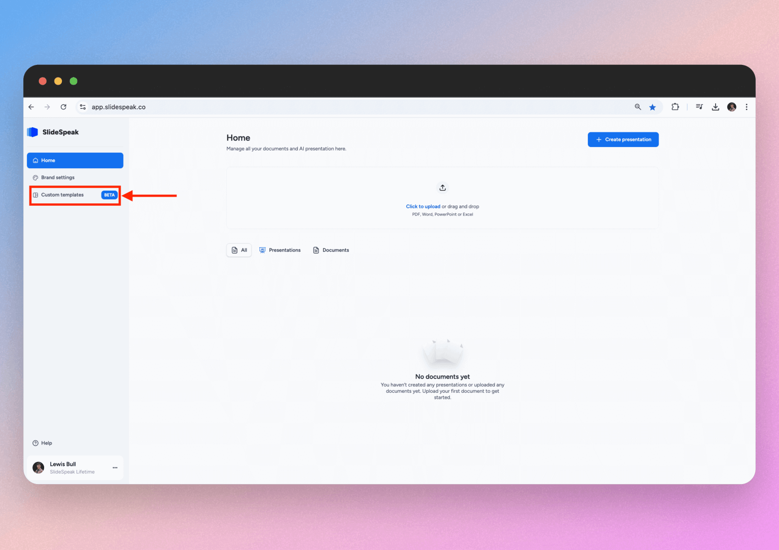 How do I upload a custom PowerPoint template to my SlideSpeak account?