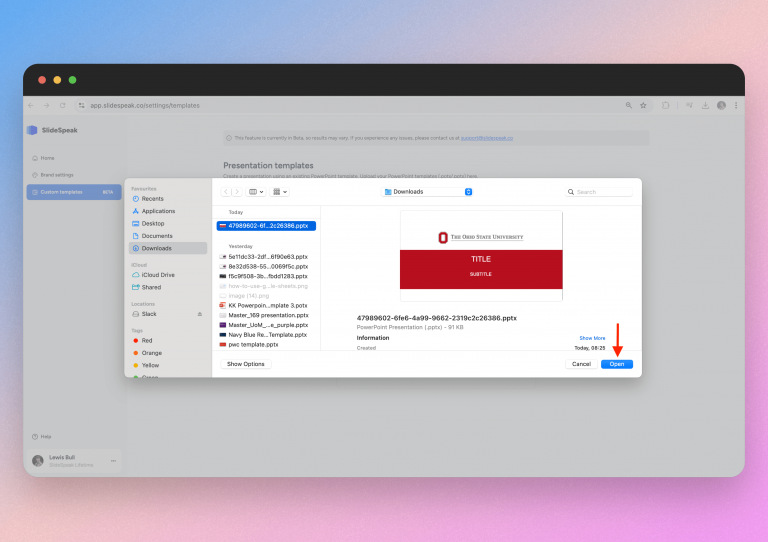 How do I upload a custom PowerPoint template to my SlideSpeak account?