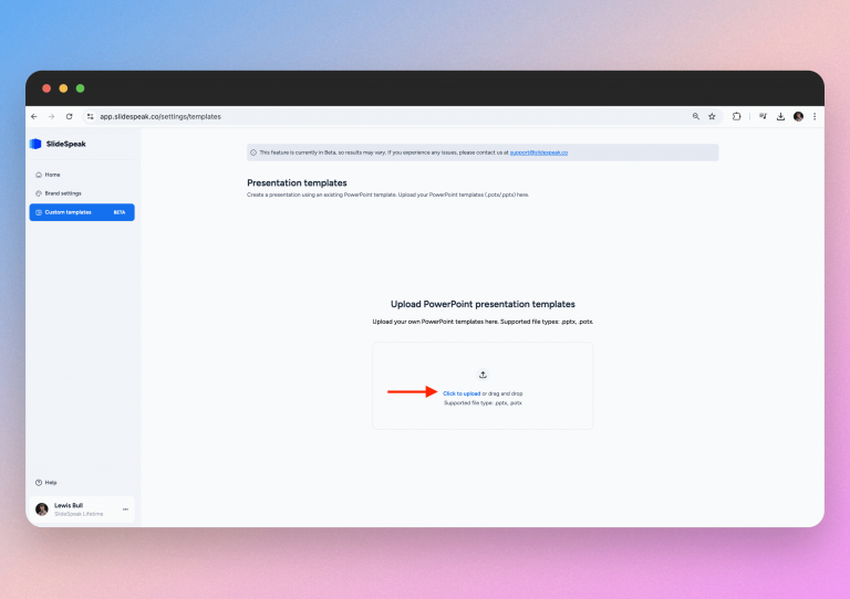 How do I upload a custom PowerPoint template to my SlideSpeak account?